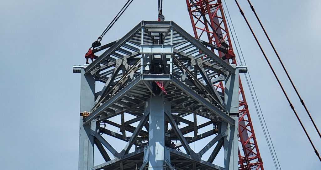 SpaceX Starship launch tower stacked to full height ahead of 'Mech